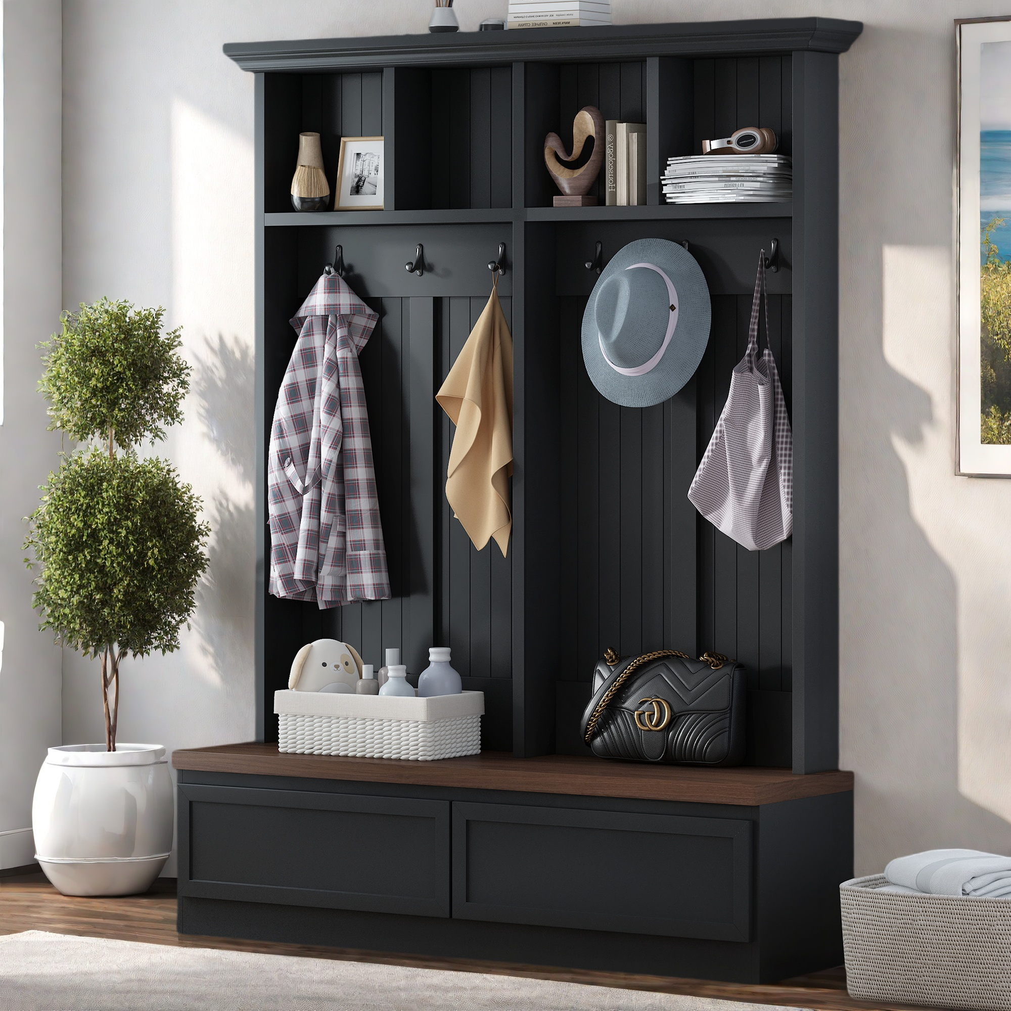 Black Farmhouse Two-Tone Hall Tree with Bench & Storage – Nuvon Home